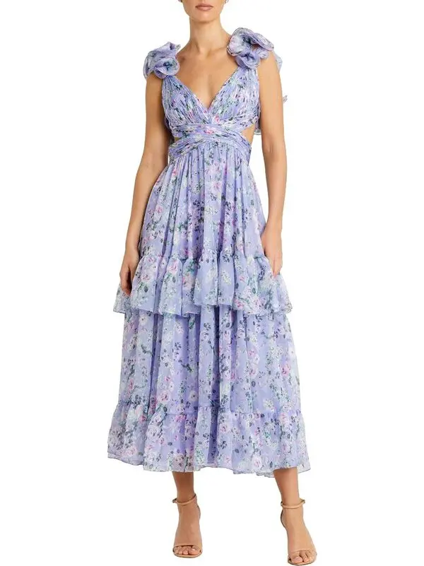 Mac Duggal Ruffle Tiered Cut-out Floral Chiffon Dress - Lilac Multi