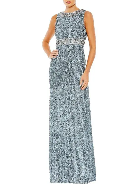 Mac Duggal Sequined Embellished Neckline Gown - Slate Blue