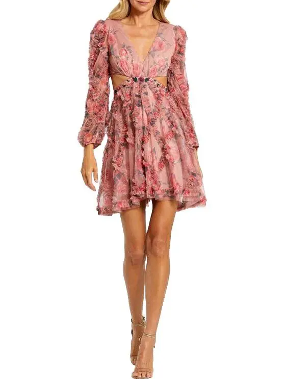 Mac Duggal Long Sleeve V-neck Cut-out Mesh Mini Dress - Rose Multi