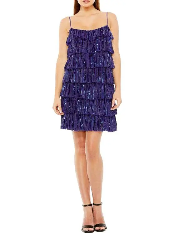 Mac Duggal Beaded Strap Sequin Ruffle Mini Dress - Cobalt