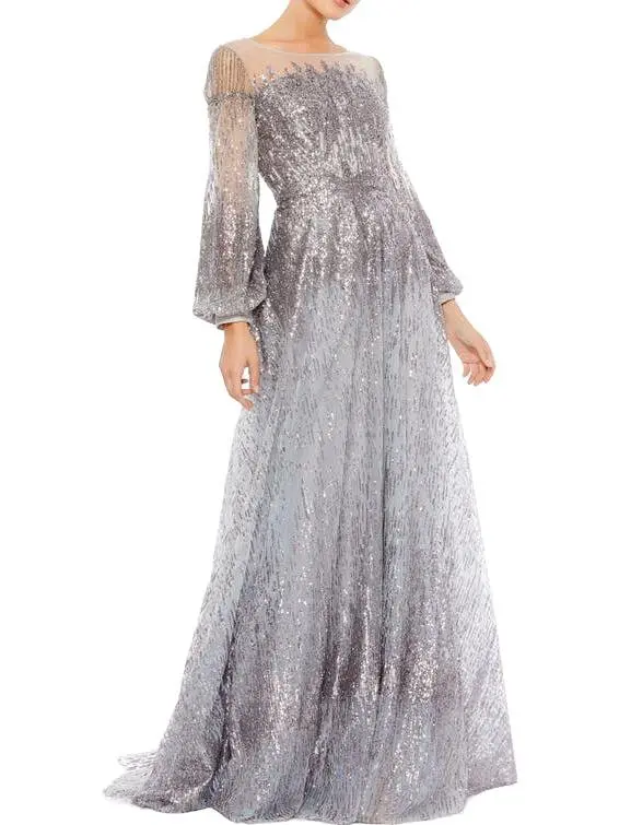 Mac Duggal Jewel Encrusted Illusion Long Sleeve A-line Gown - Platinum