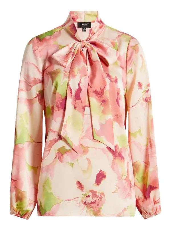 TAHARI ASL Floral Bow Neck Charmeuse Top - Peach Watercolor