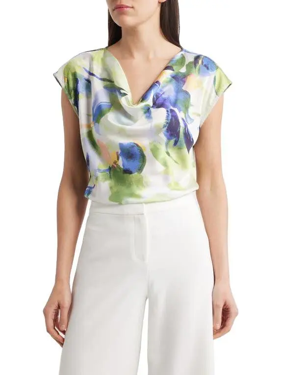 TAHARI ASL Watercolor Cowl Neck Satin Top - Fern Watercolor
