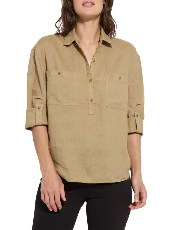 Lyssé Rose Roll Tab Linen Utility Shirt - Olive Tint