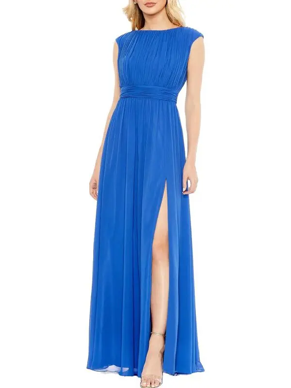 Mac Duggal Pleated Bateau A-line Gown With Cap Sleeves - Cobalt
