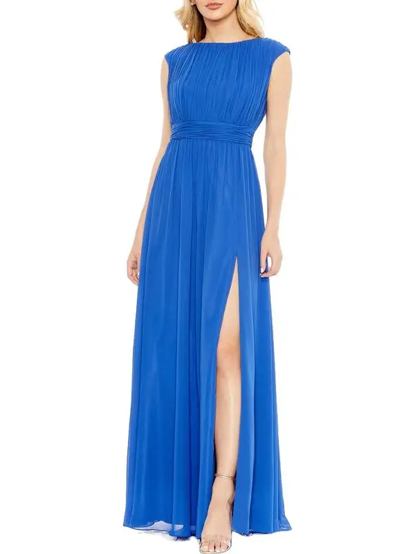 Mac Duggal Pleated Bateau A-line Gown With Cap Sleeves - Cobalt
