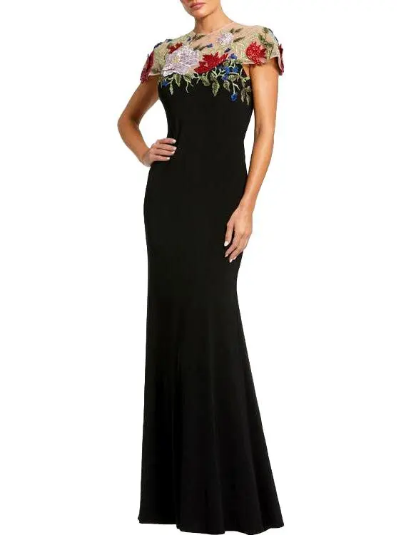 Mac Duggal Floral Embellished Fitted Gown - Black Multi