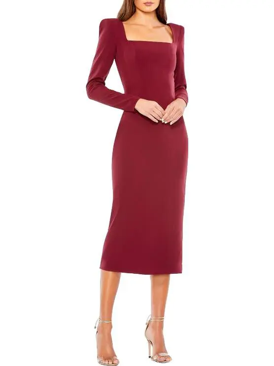 Mac Duggal Square Neck Midi Dress With Puff Sleeves - Wine