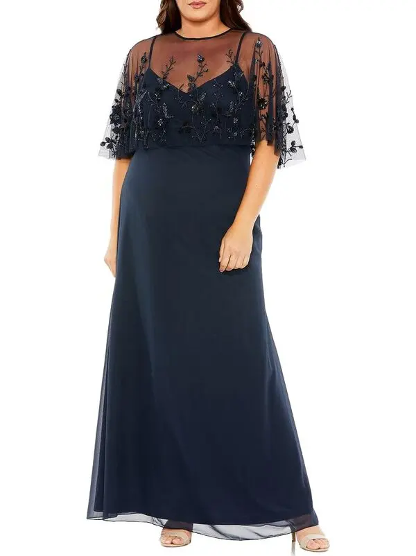 Mac Duggal Hand-embellished Cape Chiffon Gown - Midnight