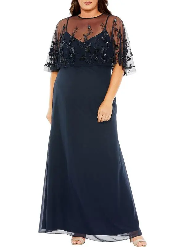 Mac Duggal Hand-embellished Cape Chiffon Gown - Midnight