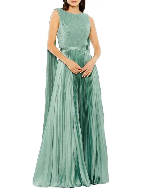 Mac Duggal Sleeveless High Neck Pleated Gown With Cape Back - Sage