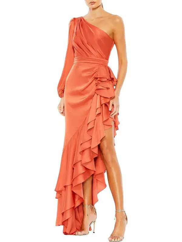 Mac Duggal One-sleeve Ruffled Gown - Orange
