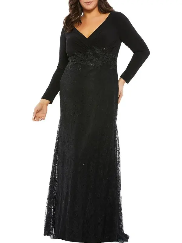Mac Duggal Lace Applique Trumpet Gown - Black