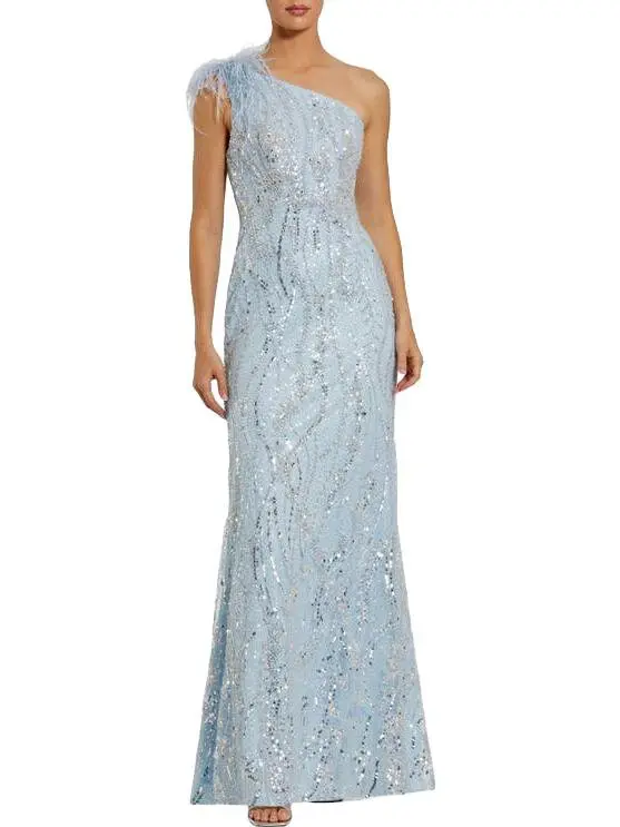 Mac Duggal Feathered One-shoulder Gown - Powder Blue