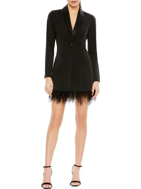 Mac Duggal Feathered Trim Tuxedo Dress - Black