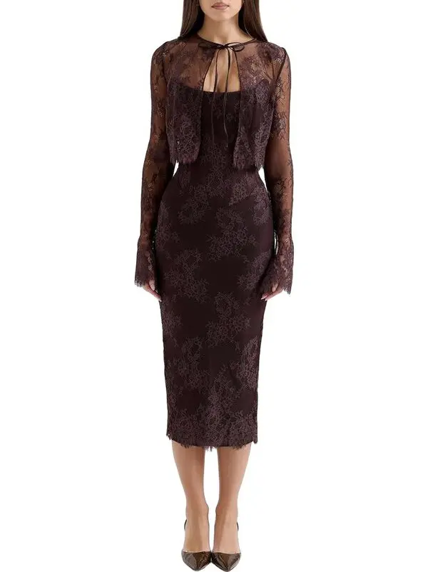 House Of Cb Larra Lace Midi Dress & Bolero Jacket - Chocolate Plum