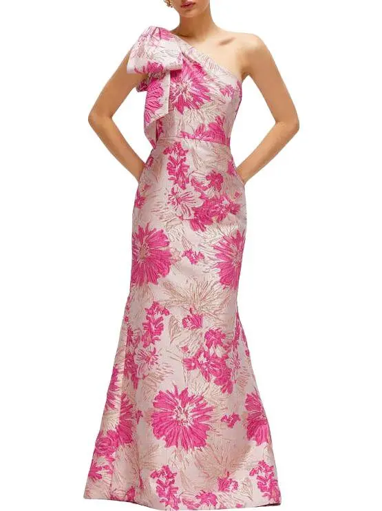 Alfred Sung One-shoulder Floral Jacquard Trumpet Gown - Pink Multi