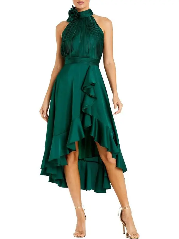 Mac Duggal Halter Neck Ruffled Midi Dress With Flower Detail - Emerald