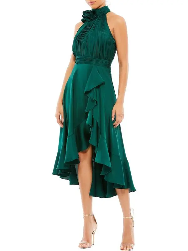 Mac Duggal Halter Neck Ruffled Midi Dress With Flower Detail - Emerald