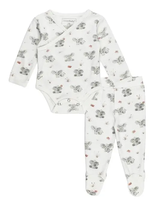 L'OVEDBABY Elephant Print Organic Cotton Wrap Bodysuit And Footed Pants Set - Baby Elephant