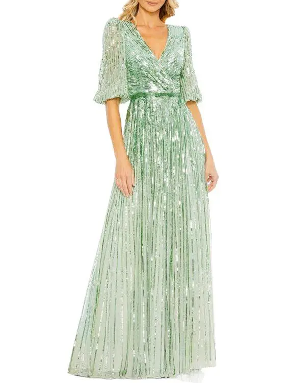 Mac Duggal Sequined Tulle Gown - Sage