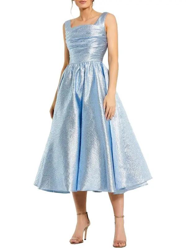 Mac Duggal Shimmering Sleeveless Square Neck A-line Dress - Ice Blue
