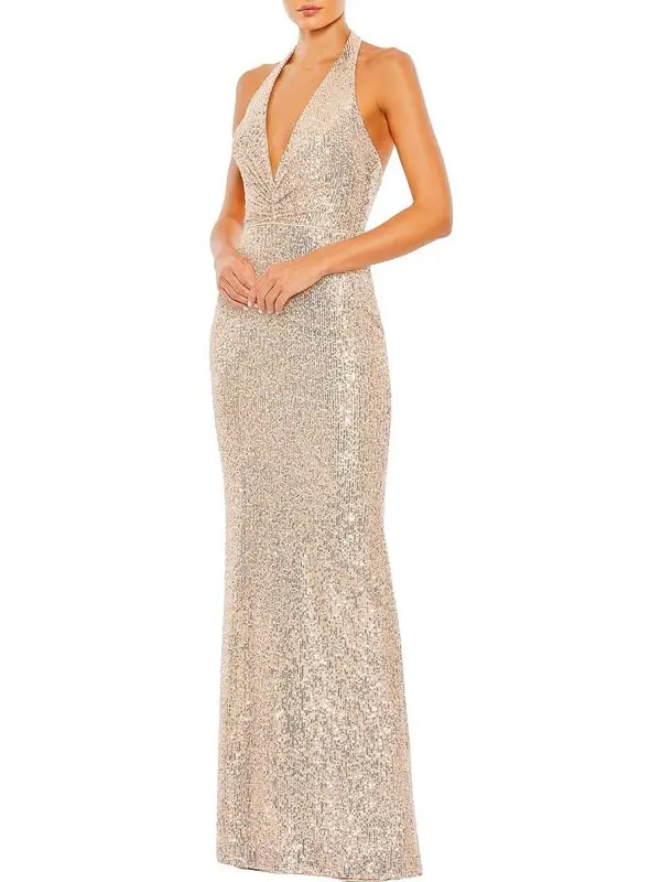 Mac Duggal Sequined Halter Gown With Plunge Neckline - Rose Gold