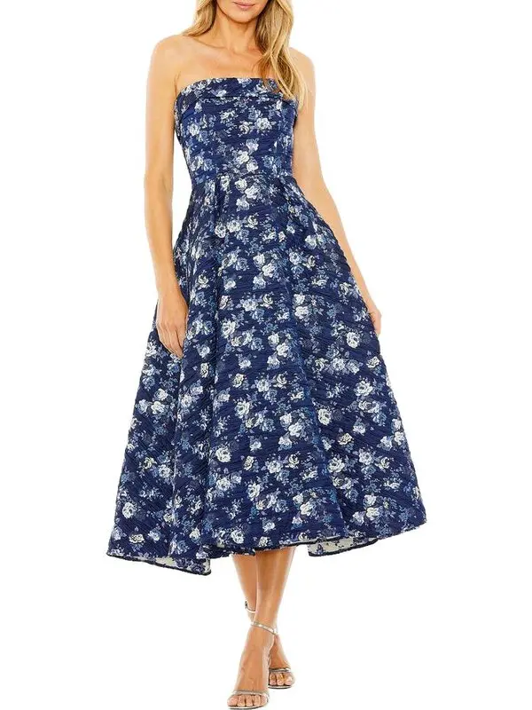 Mac Duggal Floral Strapless Brocade Midi Dress - Blue Multi