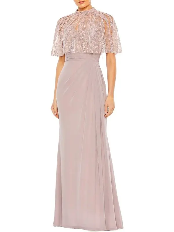 Mac Duggal High Neck Hand-beaded Cape Evening Gown - Rose