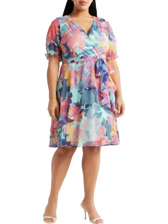 TAHARI ASL Floral Shadow Stripe Faux Wrap Dress - Seafoam Multi