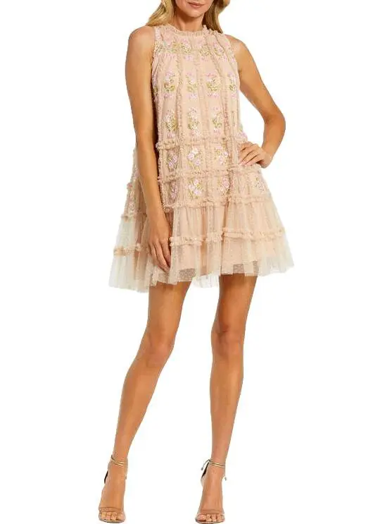 Mac Duggal Sleeveless High Neck Beaded Ruffle Trapeze Dress - Nude Multi