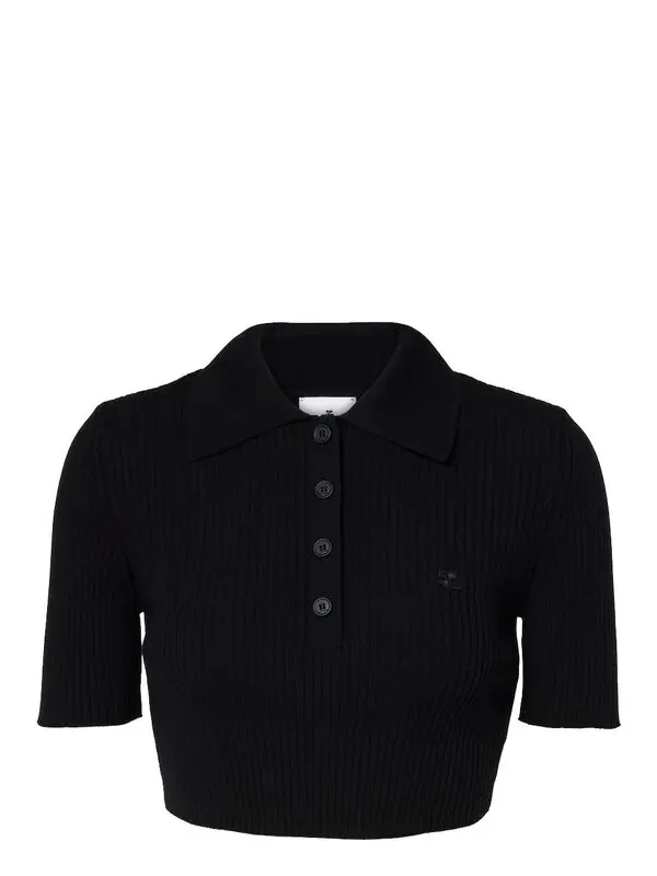 COURREGES Ribbed-knit Cropped Polo Shirt - Black