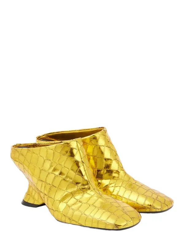 Dries Van Noten Croc-effect Leather Wedge Mules - Metallic Yellow