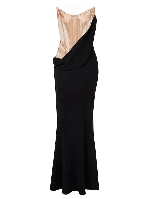 MUGLER Draped Mesh, Satin, And Velvet Corset Gown - Black