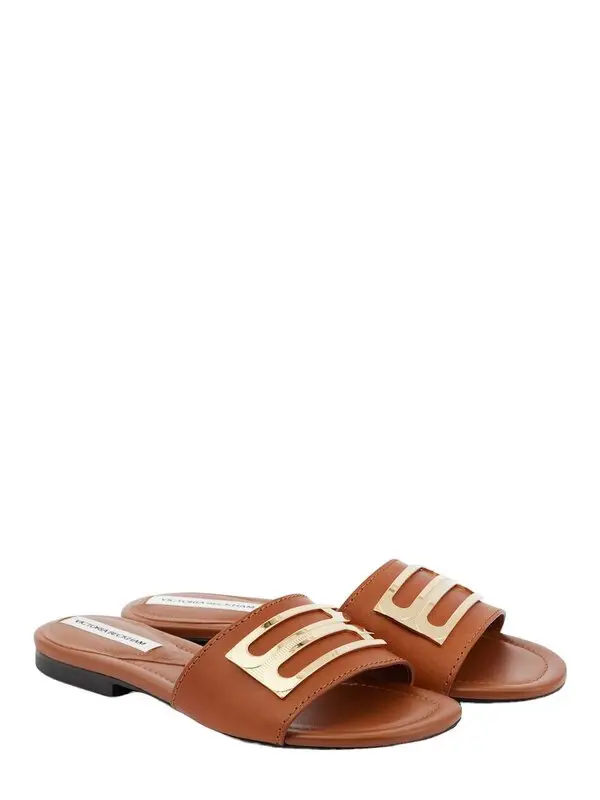 Victoria Beckham B Buckle Leather Slides - Beige