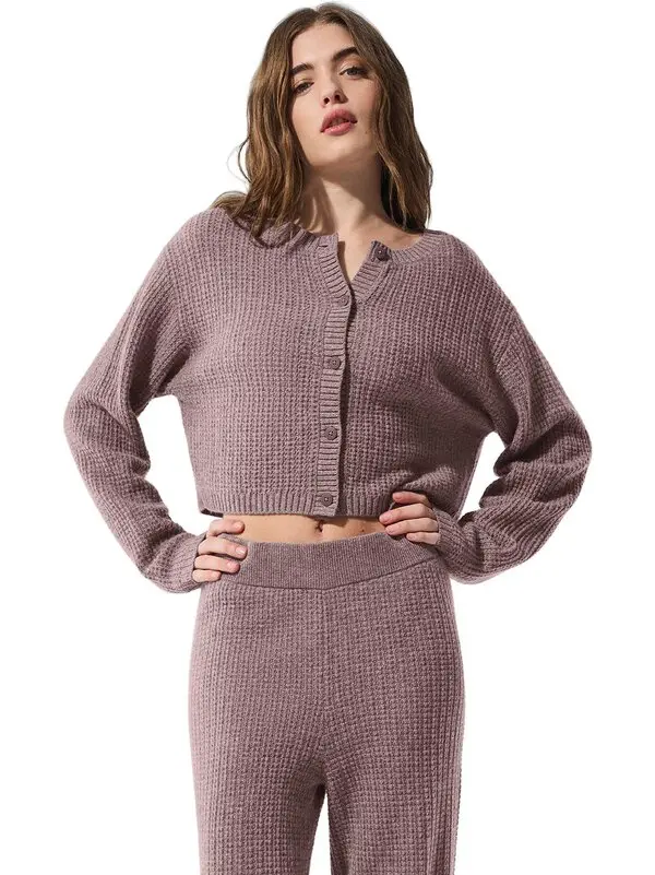 Alo Yoga Cashmere Plush Waffle Cardigan Top - Mushroom Heather