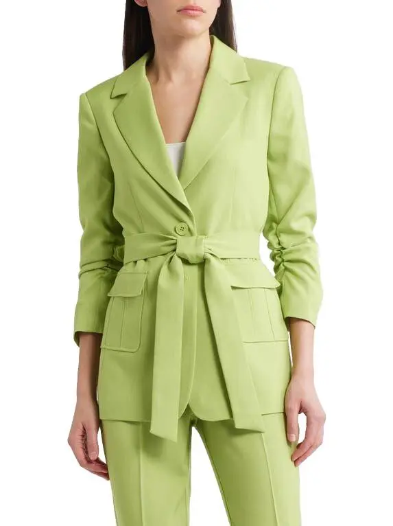 TAHARI ASL Ruched Sleeve Belted Jacket - Fern