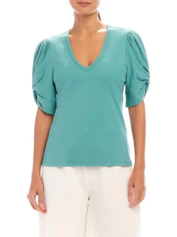 Karen Kane Twist Sleeve Rib Top - Aqua