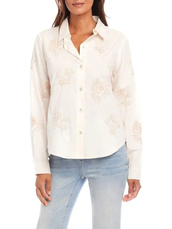 Karen Kane Floral Embroidered Cotton Shirt - Cream