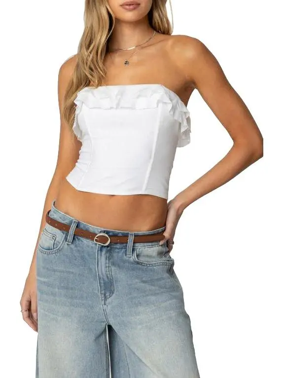 EDIKTED Litsa Ruffle Strapless Corset Crop Top - White