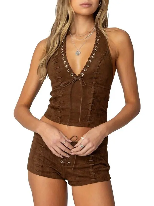 EDIKTED Sloane Faux Suede Halter Top - Brown
