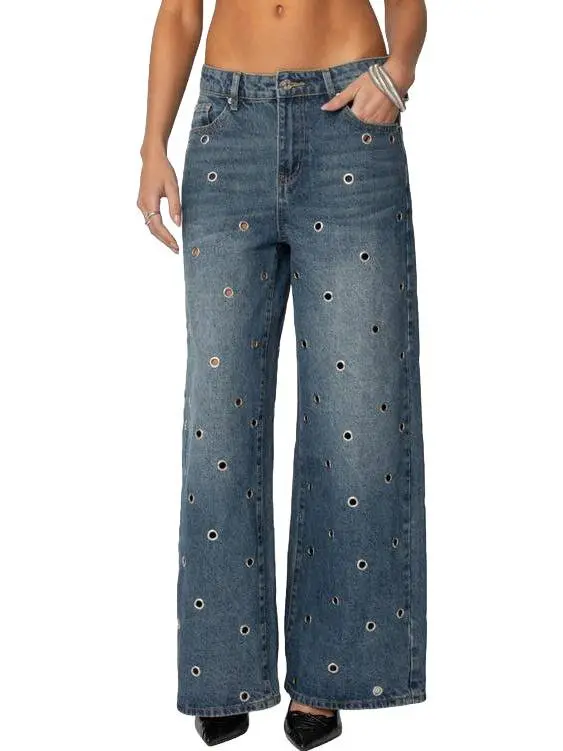 EDIKTED Jainie Grommet Low Rise Jeans - Blue-washed