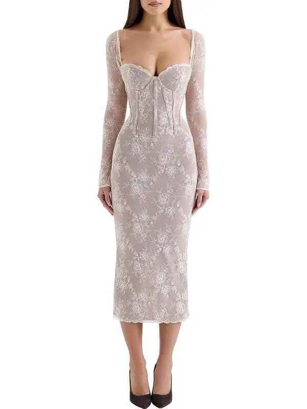 House Of Cb Saisha Long Sleeve Lace Midi Dress - Vintage Cream