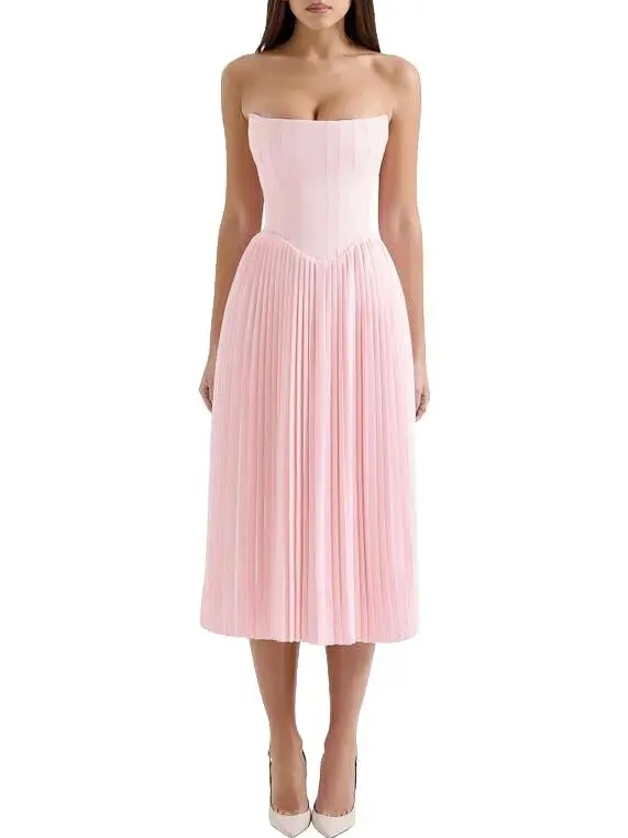 House Of Cb Marci Corset Pleated Midi Dress - Pinkesque