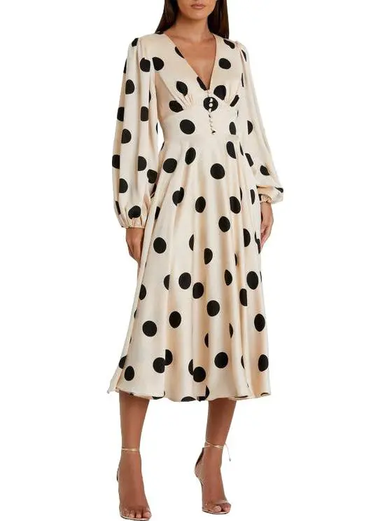 Mac Duggal Polka Dot Charmeuse Midi Dress - Cream Black