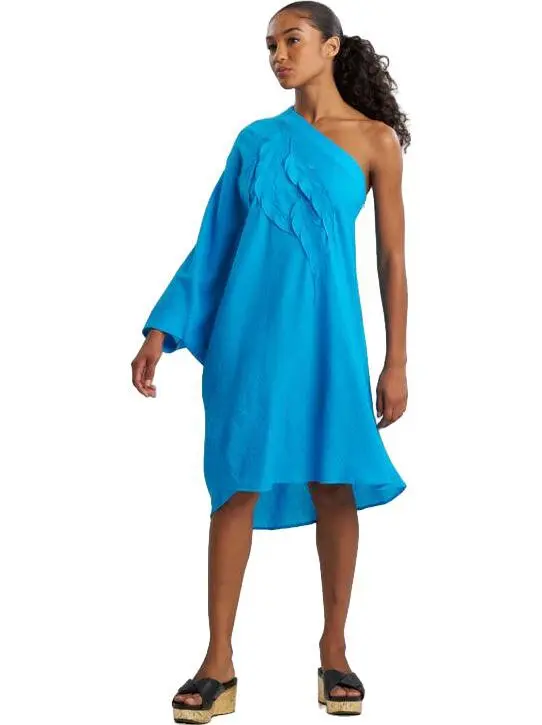 Natori Cotton Gauze One Shoulder Cover-up Dress With Applique - Blue