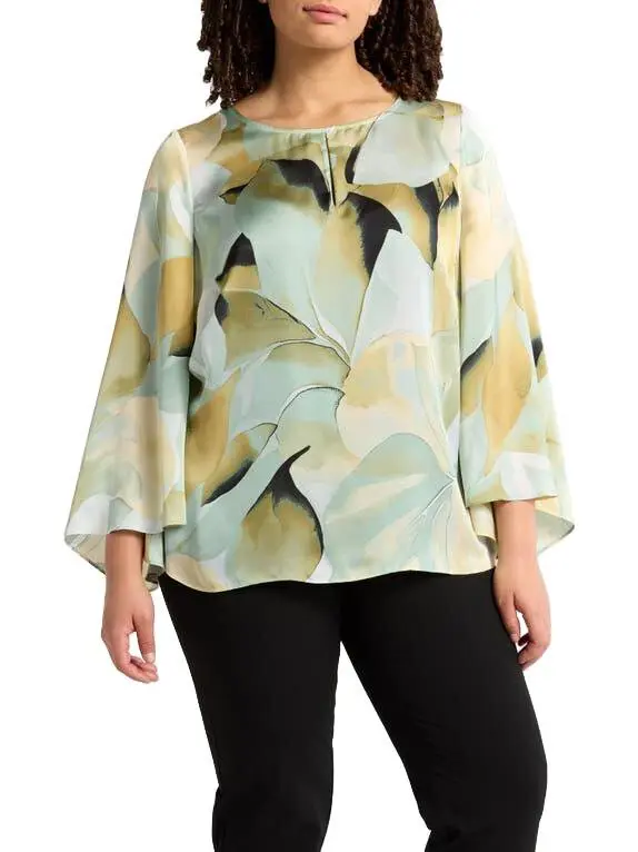 Anne Klein Abstract Print Bell Sleeve Top - Soft Aloe Multi