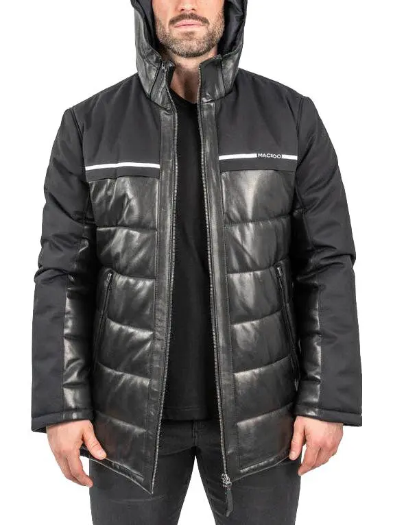 MACEOO Mixed Media Leather Quilted Bomber Jacket - Black