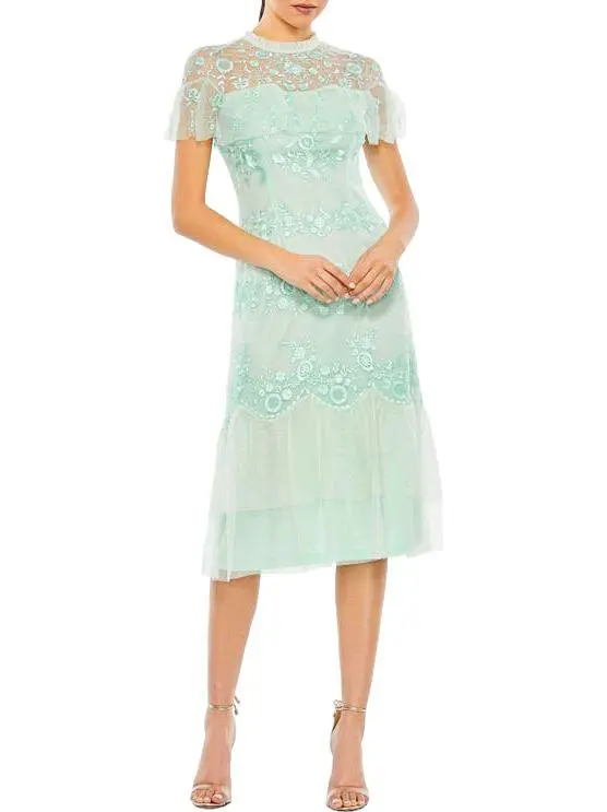 Mac Duggal Embroidered Ruffled Cap Sleeve Midi Dress - Mint