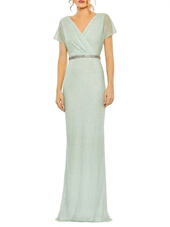 Mac Duggal Short Sleeve Beaded V-neck Gown - Sage